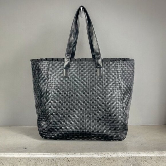 Bags | Large Black Woven Pvc Carryall Tote W Ribbon Pleated Trim | Poshmark